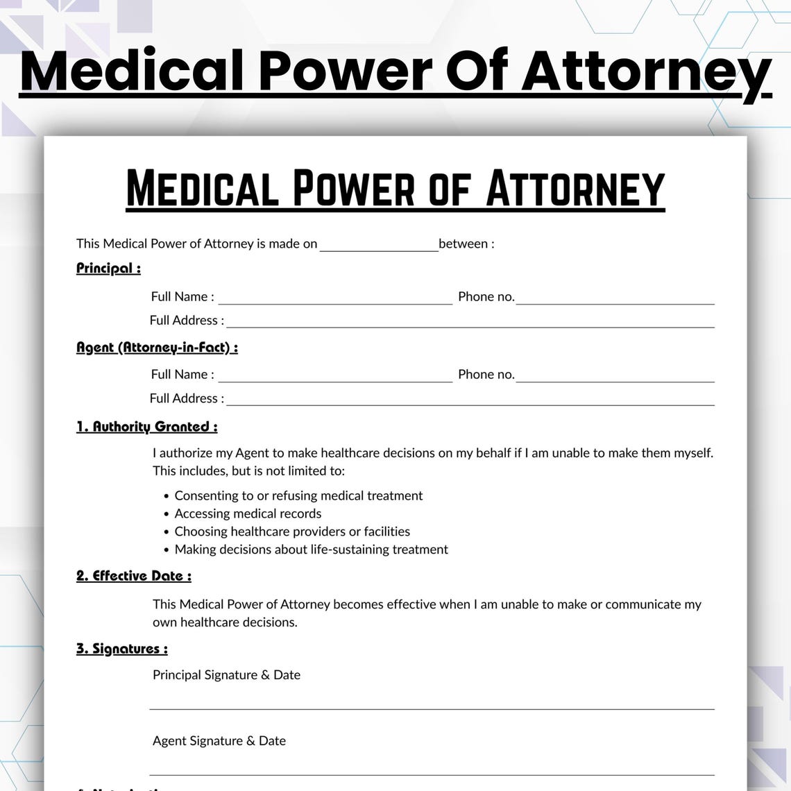 Editable Medical Power of Attorney Template, Single Page Healthcare ...