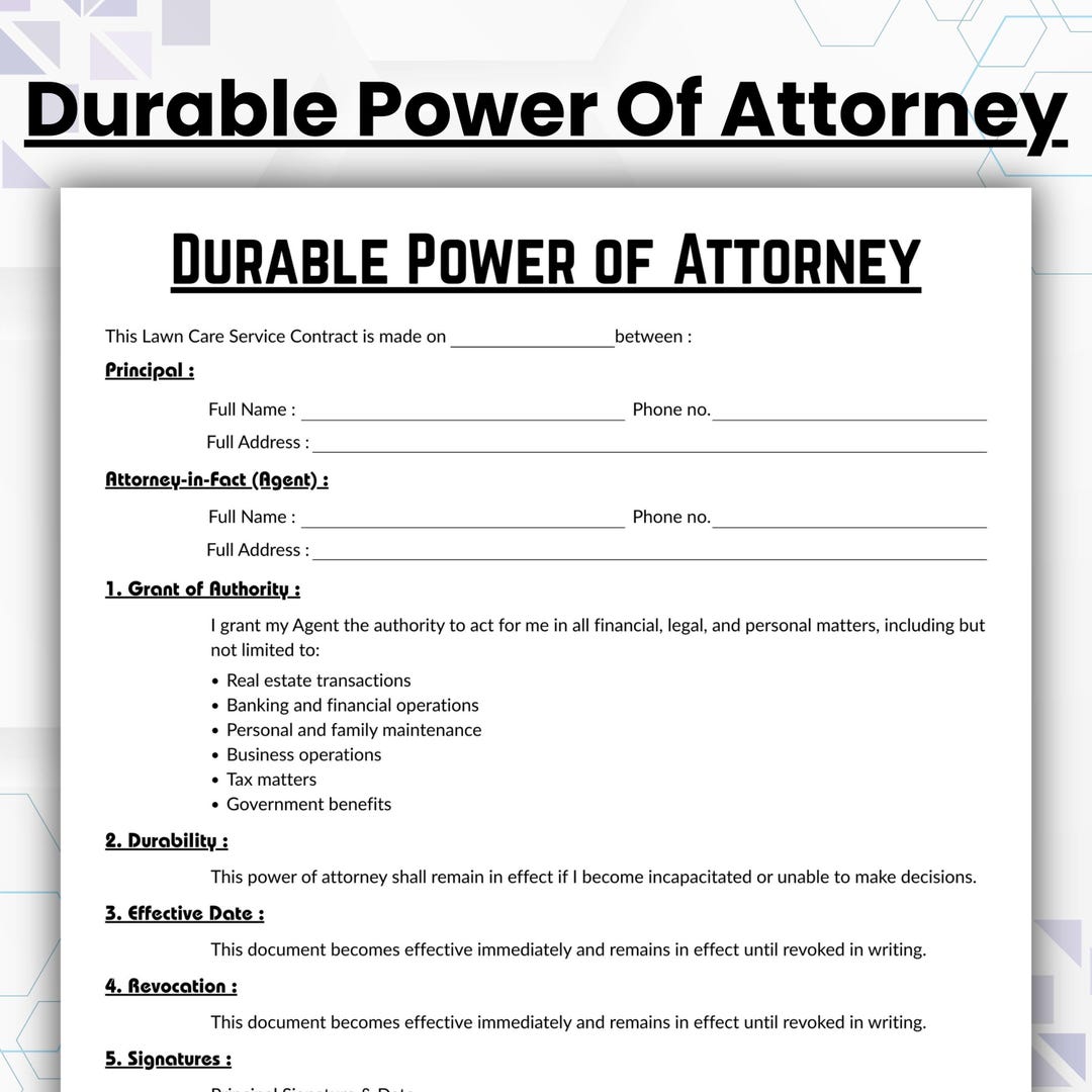 Editable Durable Power of Attorney Template, Single Page Durable ...