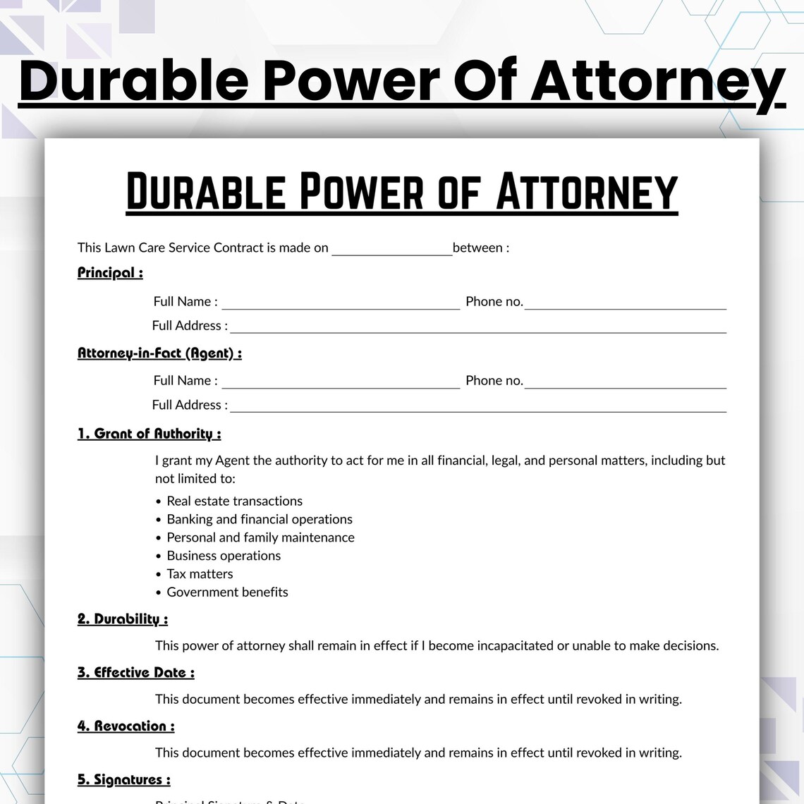 Editable Durable Power of Attorney Template, Single Page Durable ...