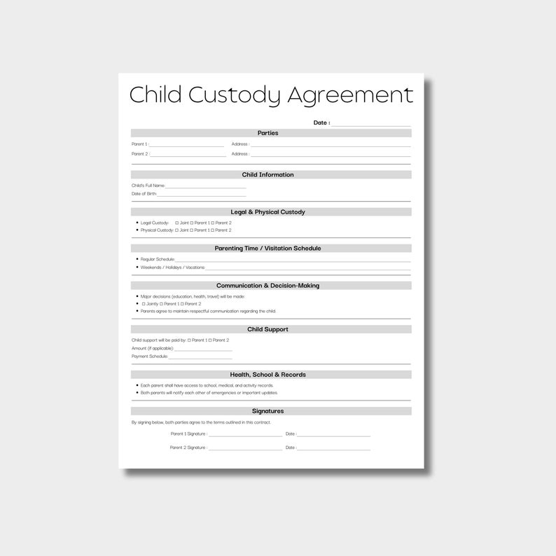Minimalist Child Custody Agreement, Simple Co-parenting Contract ...