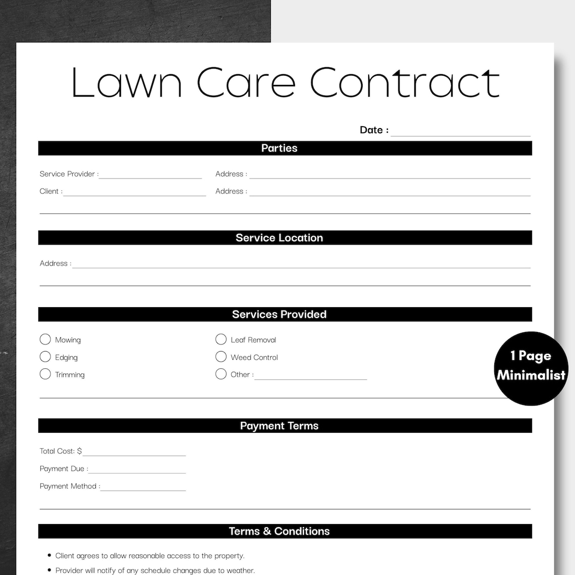 Minimalist Lawn Care Agreement Black, Simple Landscaping & Garden Care ...