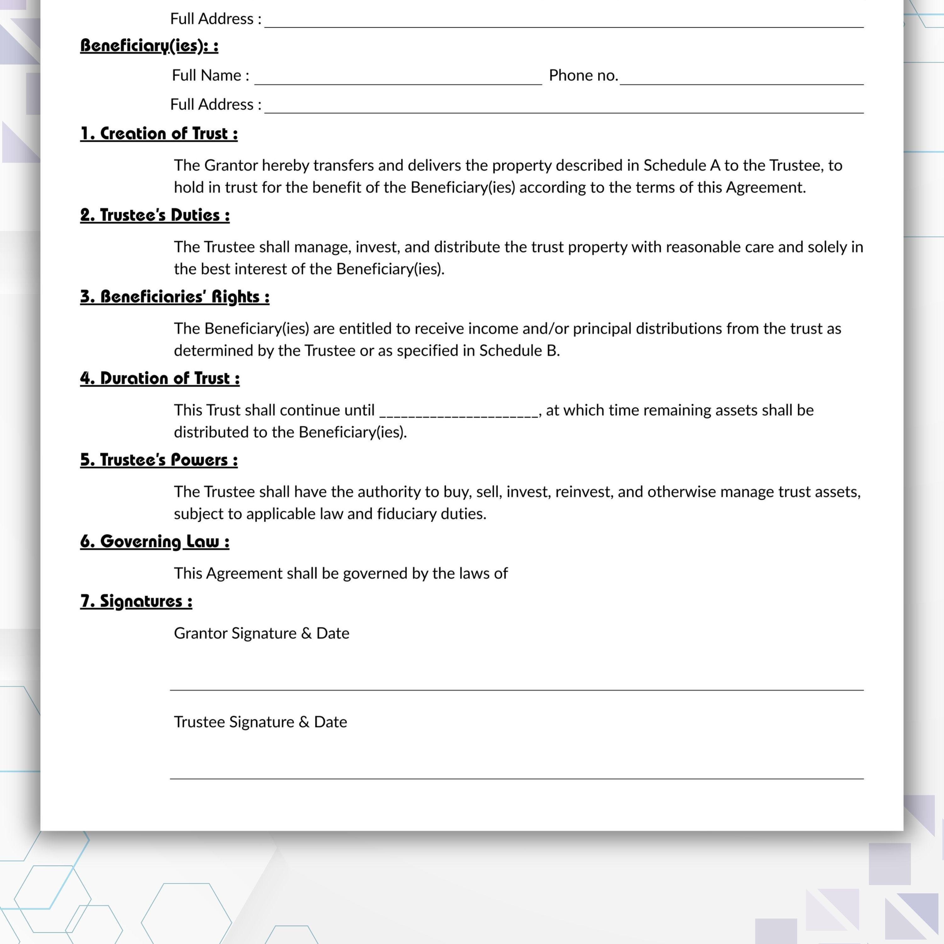 Editable Trust Agreement, Simple Beneficiary Form Template, Printable ...