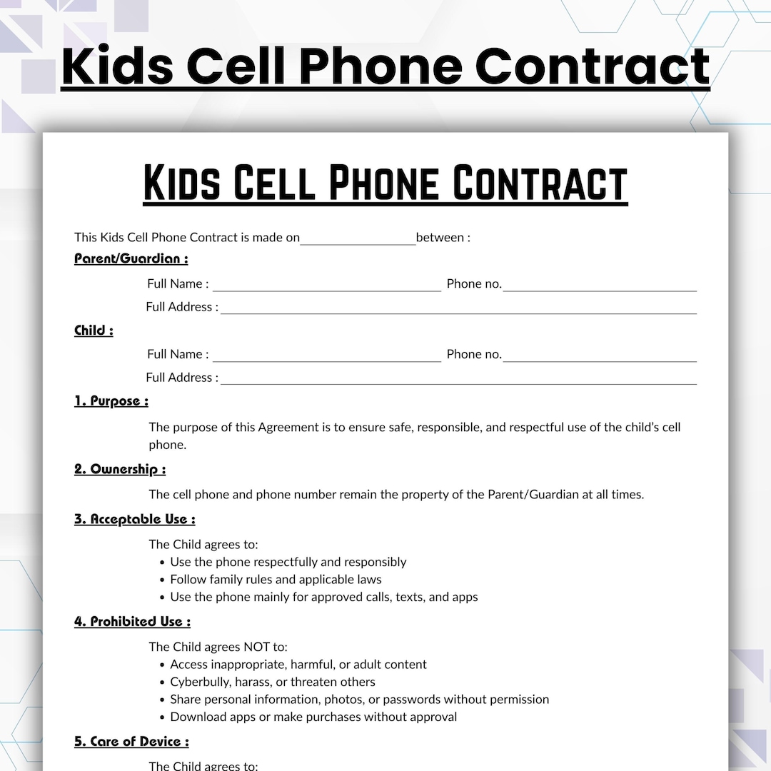 Editable Kids Cell Phone Contract, Simple Agreement With Rules Template ...