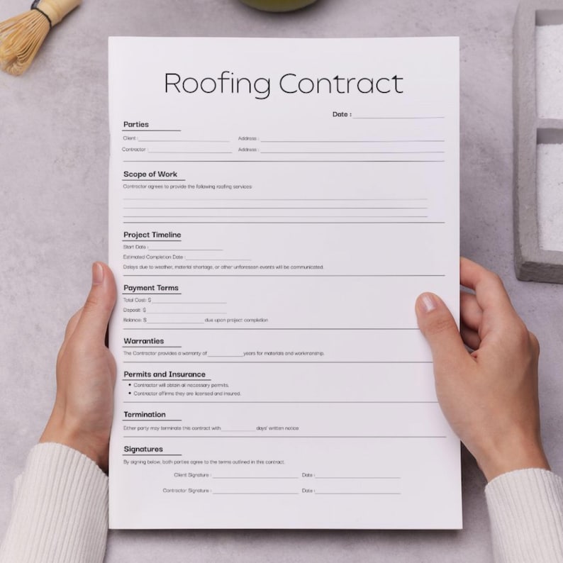Minimalist Roofing Contract Template, Simple Roofer Contract, Printable ...