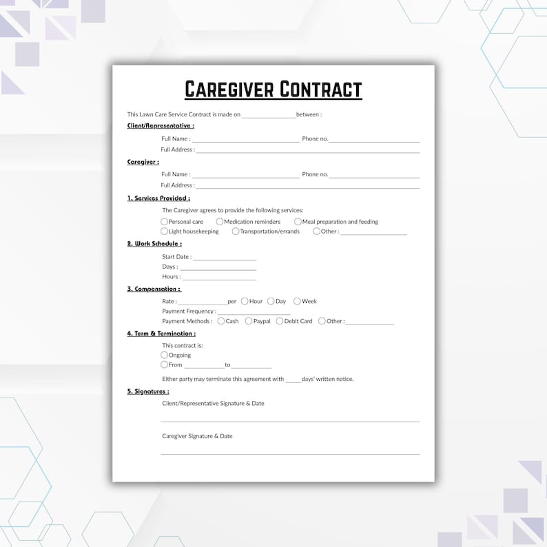Editable Caregiver Contract Template, Single Page Homecare Agreement ...