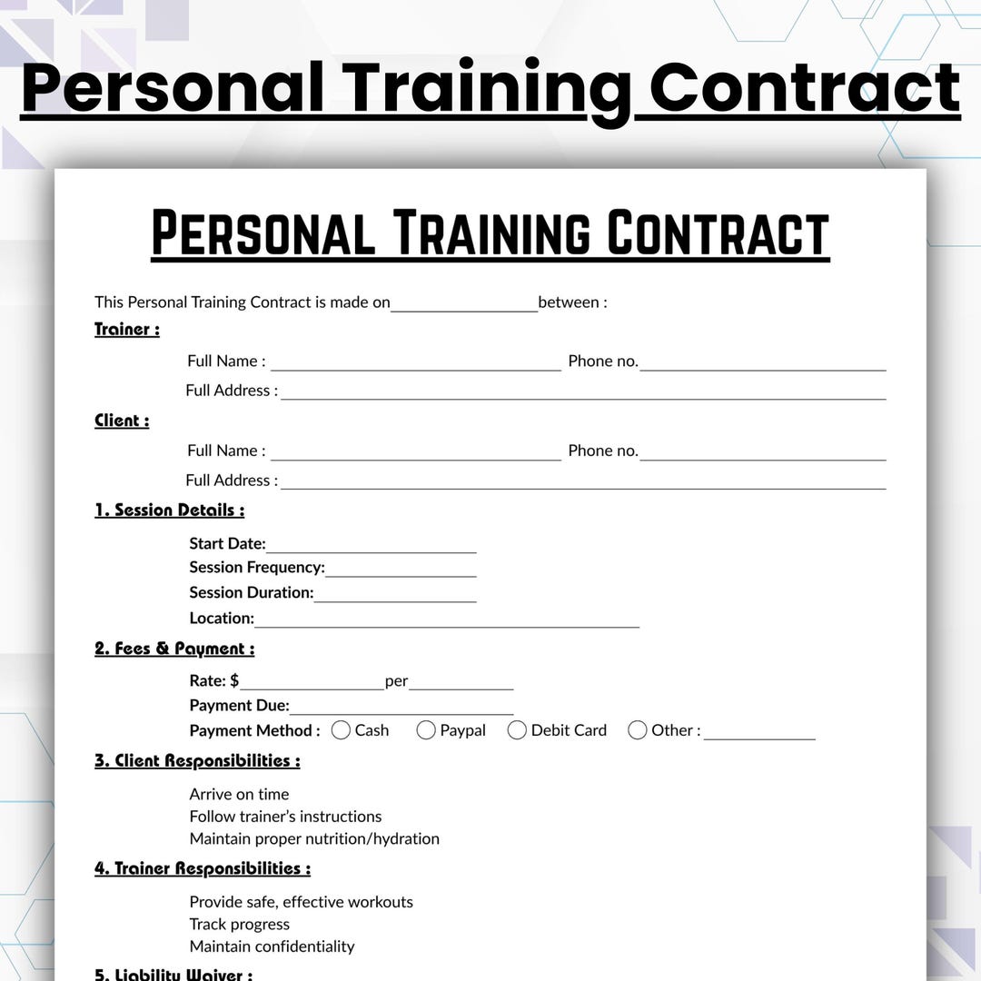Editable Personal Training Contract Template, Single Page Fitness ...
