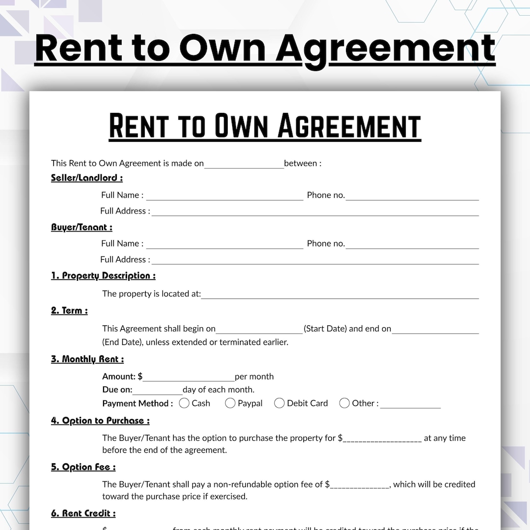 Editable Rent to Own Agreement, Simple Lease to Own Option Agreement ...