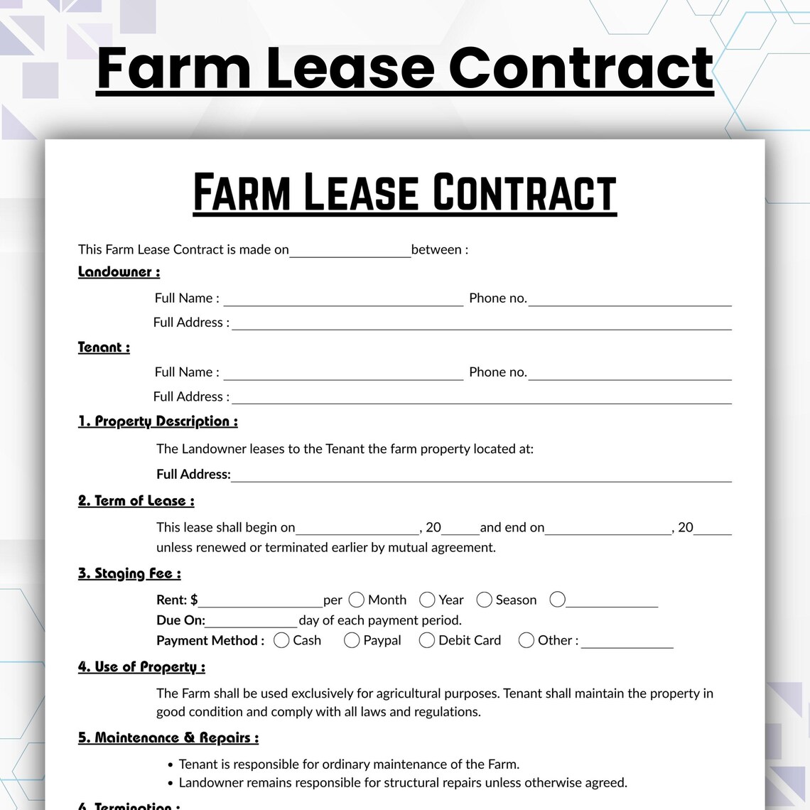 Editable Farm Lease Contract, Simple Farm Land Rent Agreement Template ...