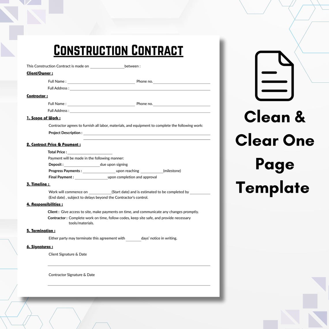 Editable Construction Contract Agreement Template, Single Page ...