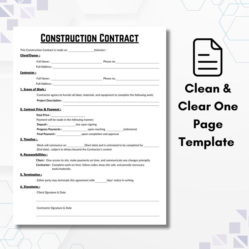 Editable Construction Contract Agreement Template, Single Page ...