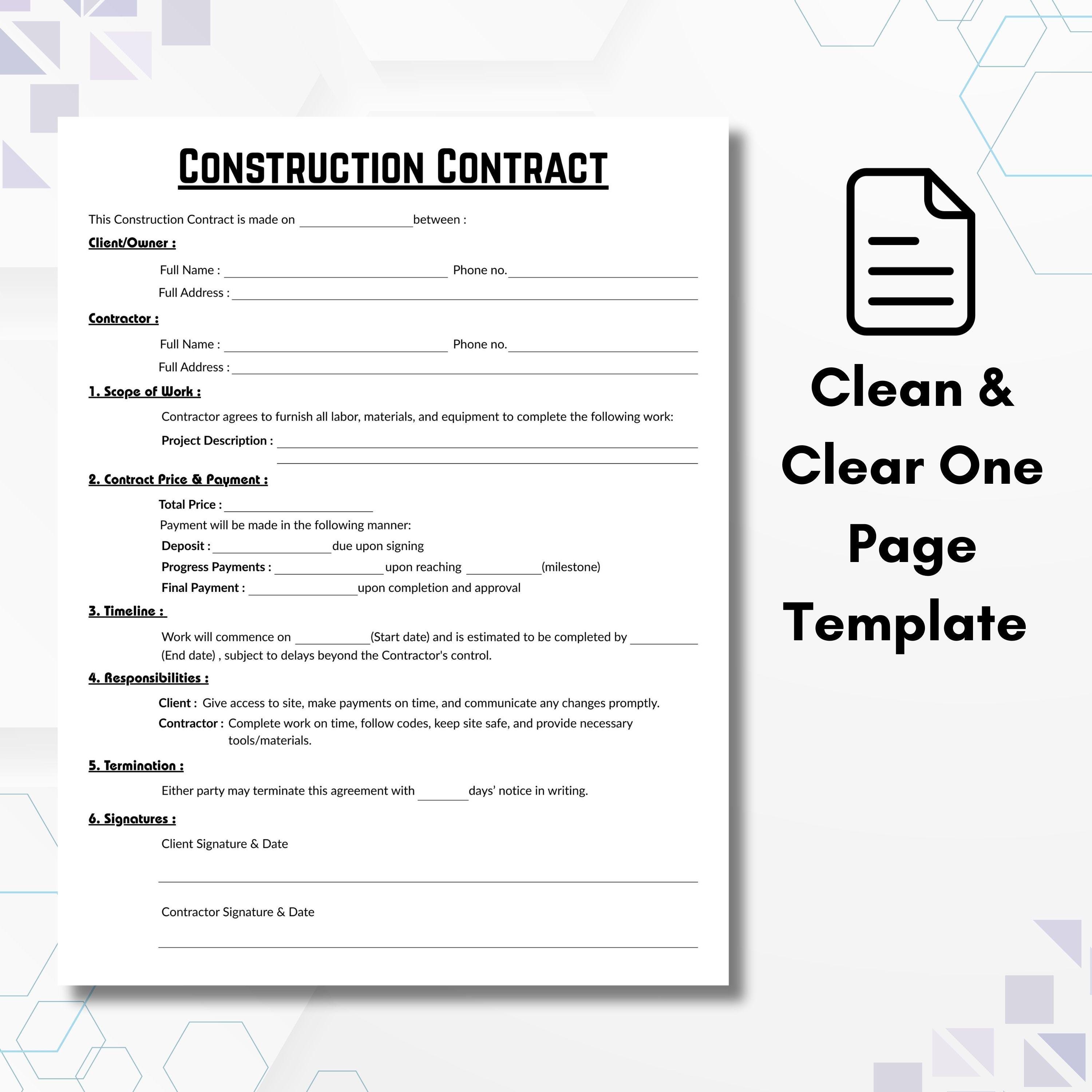Editable Construction Contract Agreement Template, Single Page ...