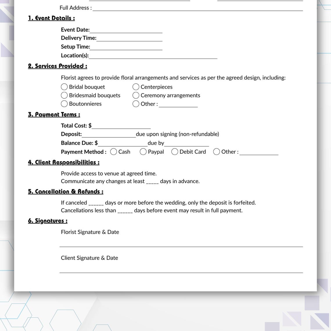 Editable Wedding Florist Contract Template, Single Page Event Floral ...
