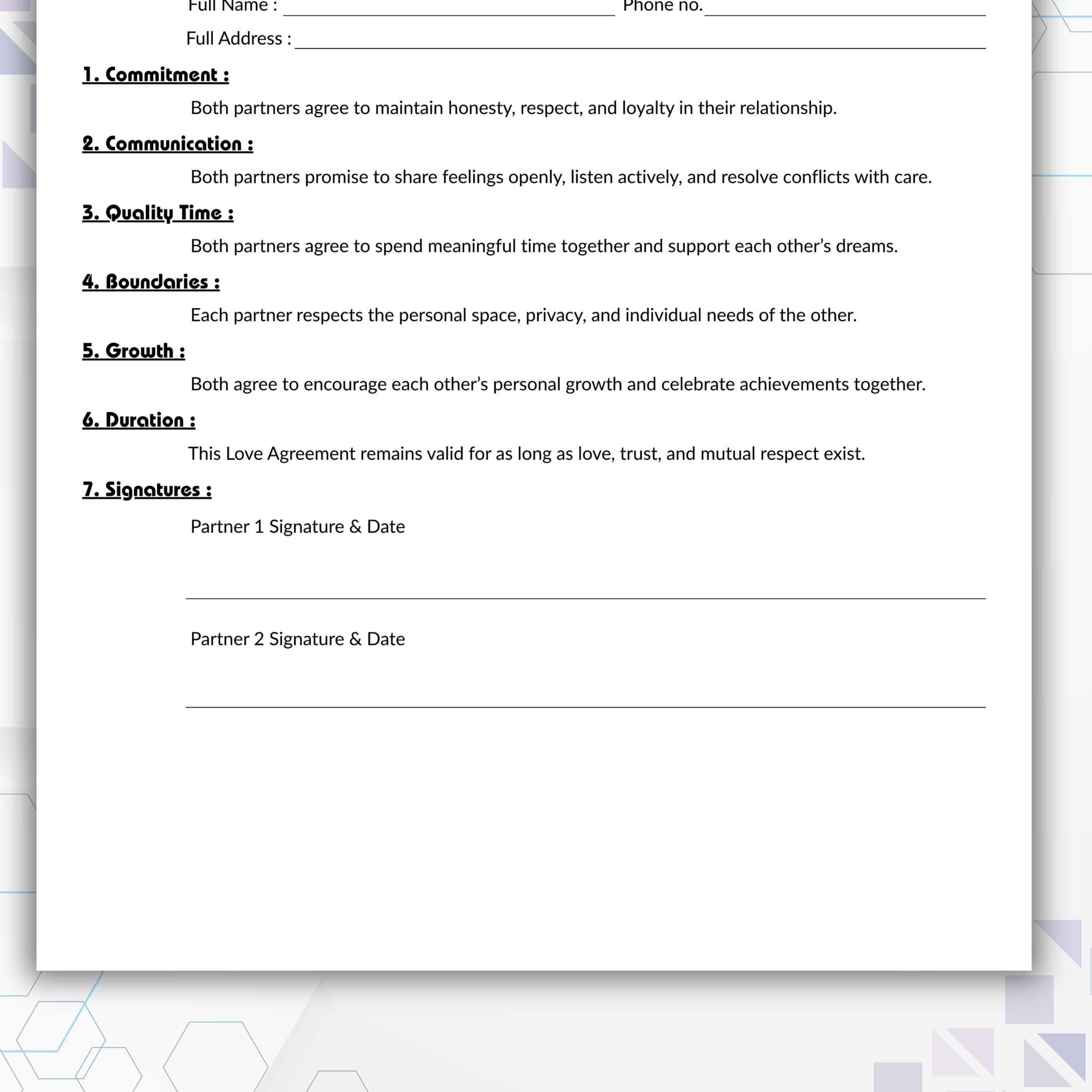 Editable Love Agreement, Simple Relationship Blueprint Template ...