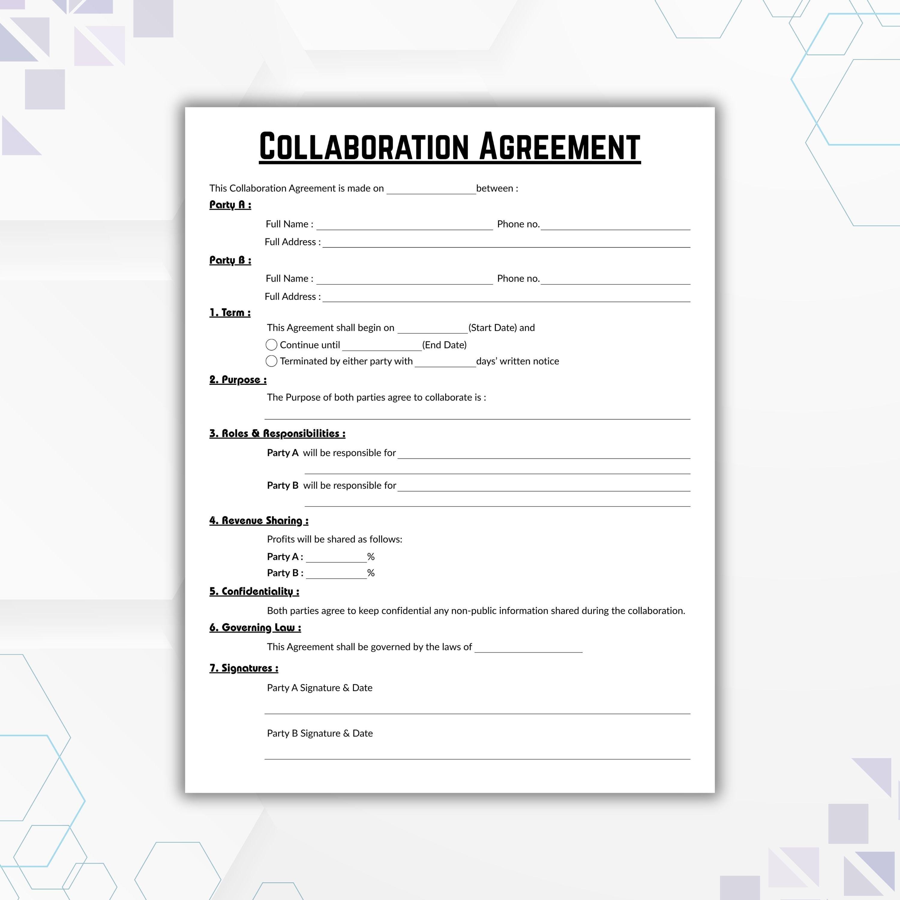 Editable Collaboration Agreement Template, Single Page Business ...