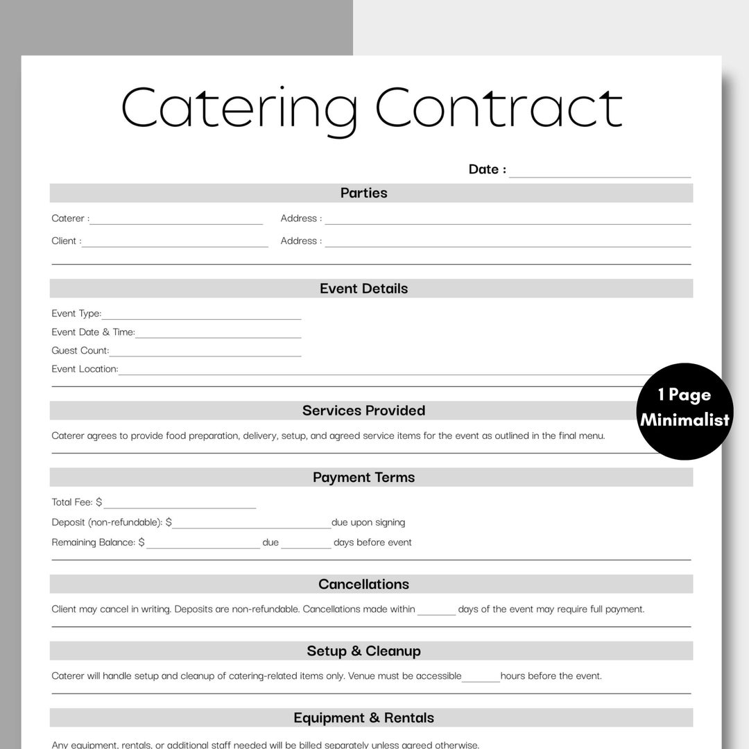 Minimalist Catering Contract, Simple Event Business Food Service ...