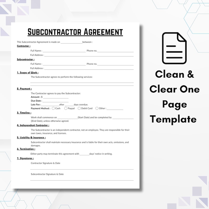 Editable Subcontractor Agreement Template, Single Page Subcontractor Contract Form, Printable ...