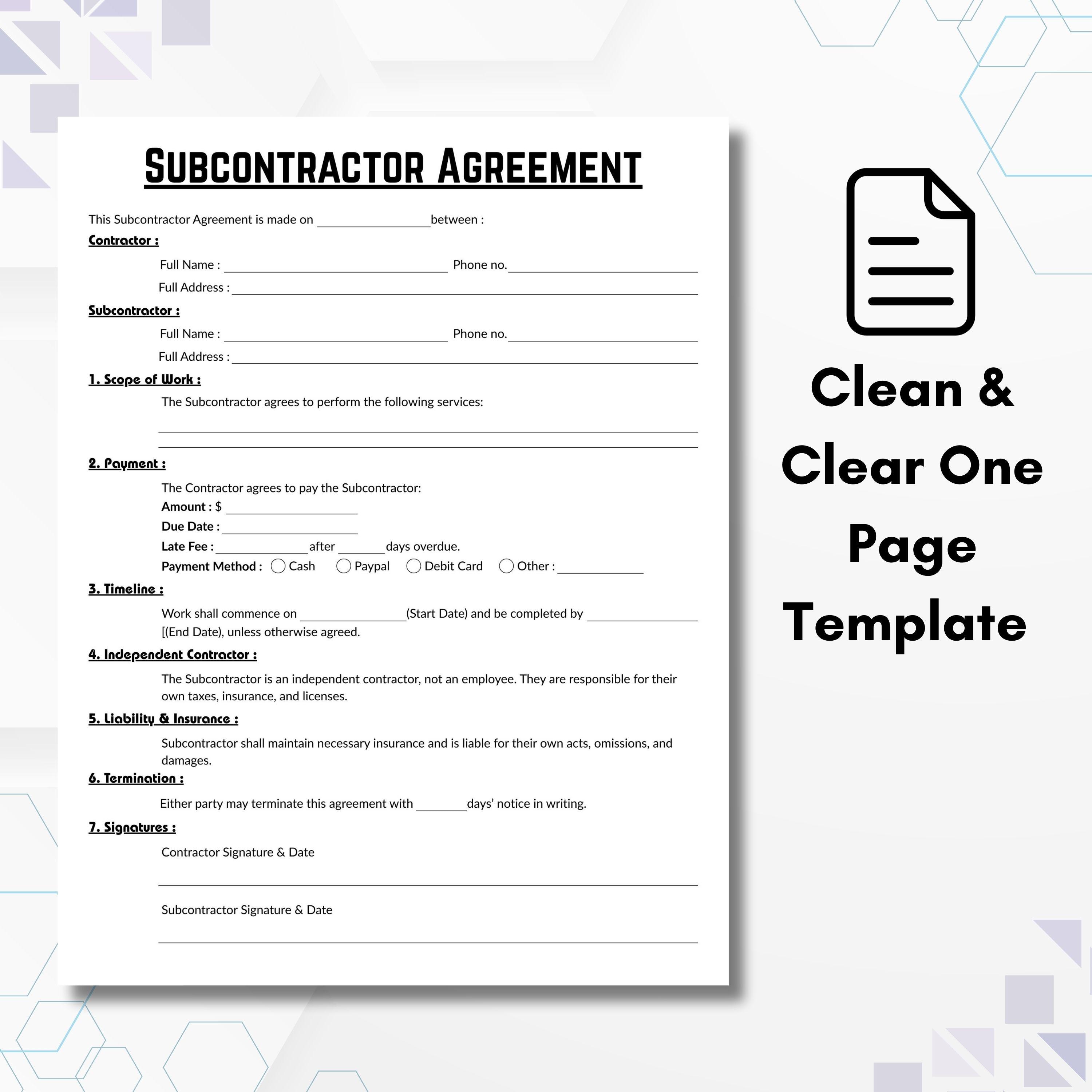 Editable Subcontractor Agreement Template, Single Page Subcontractor ...
