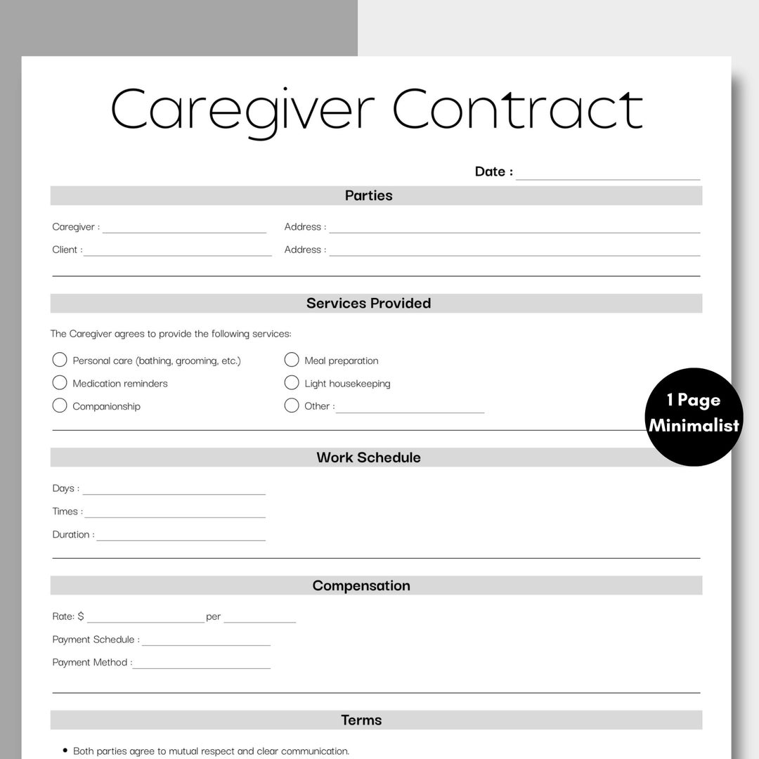 Minimalist Caregiver Contract, Simple Homecare Agreement Template ...