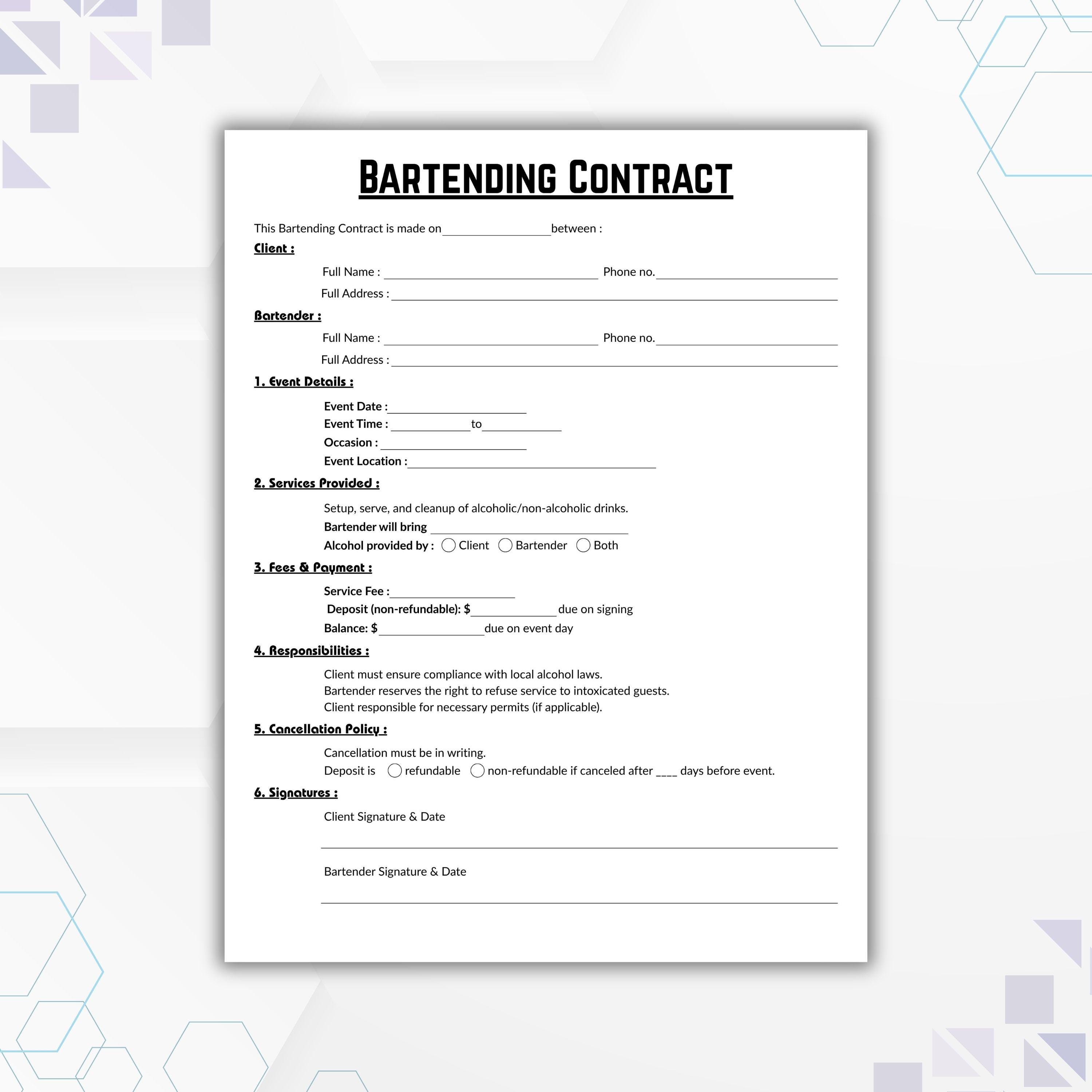 Editable Bartending Contract Template, Single Page Bartender Agreement ...