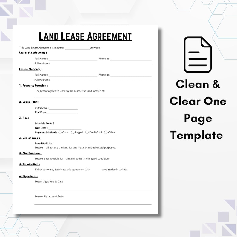 Editable Land Lease Agreement Template, Single Page Land Rental ...
