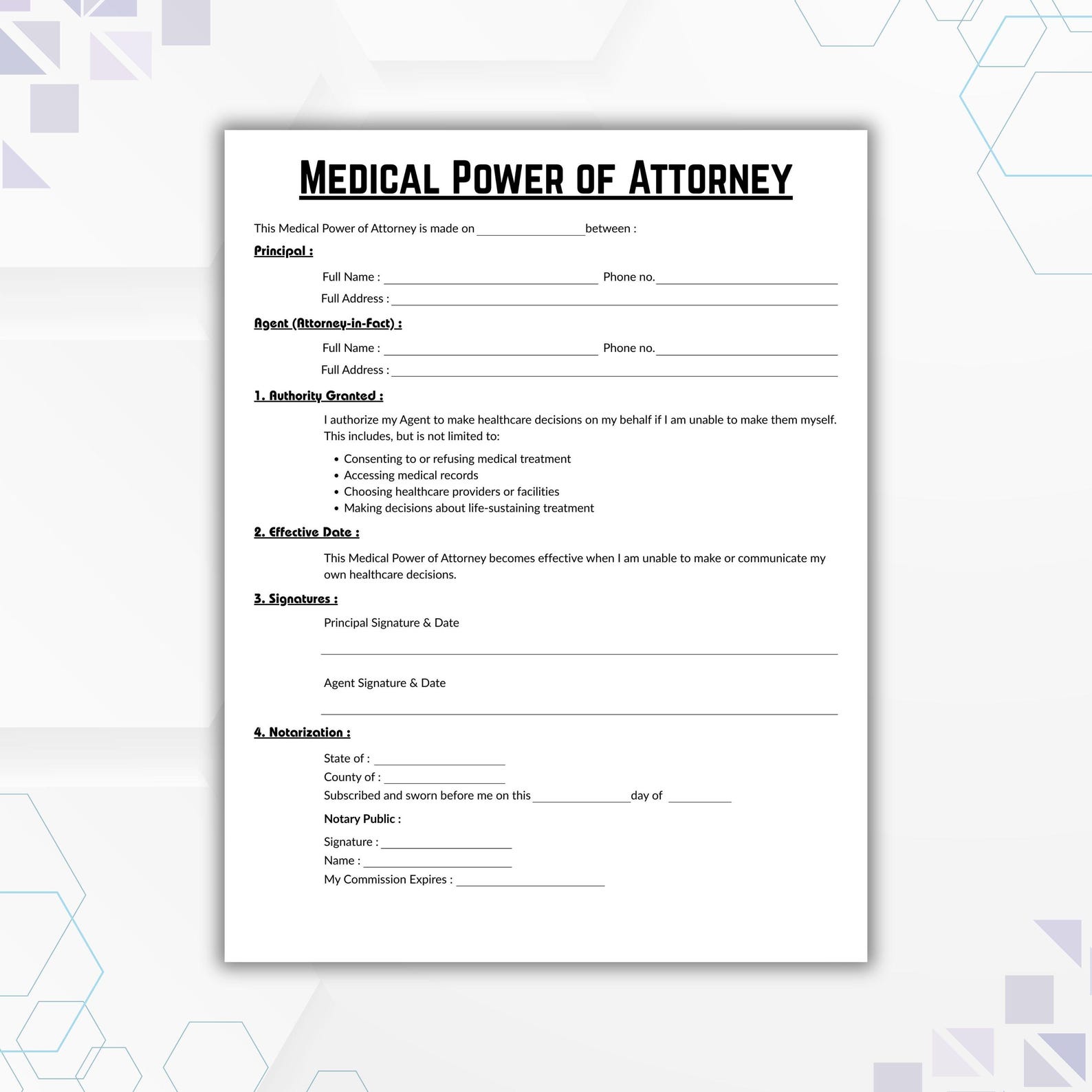 Editable Medical Power of Attorney Template, Single Page Healthcare ...