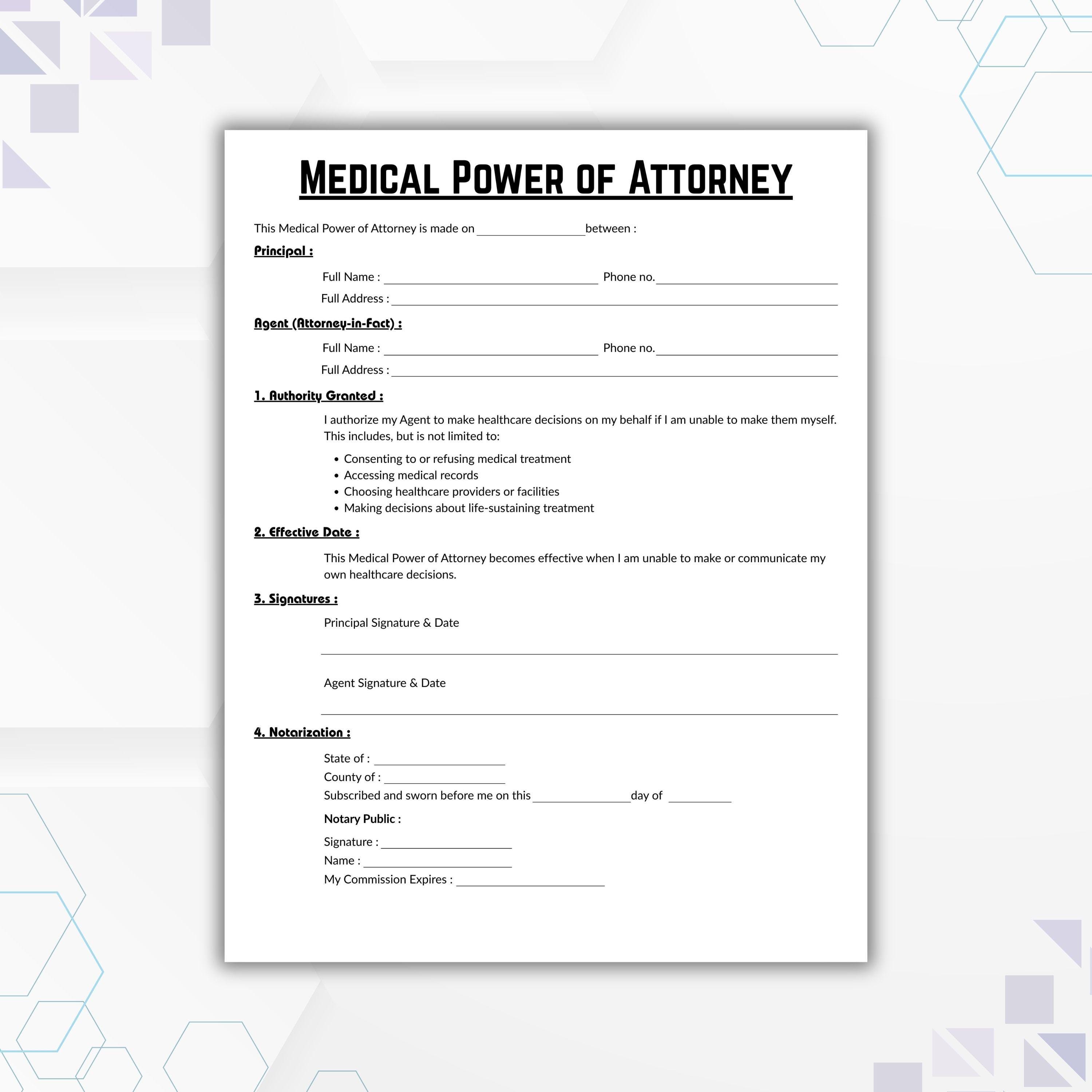 Editable Medical Power of Attorney Template, Single Page Healthcare ...