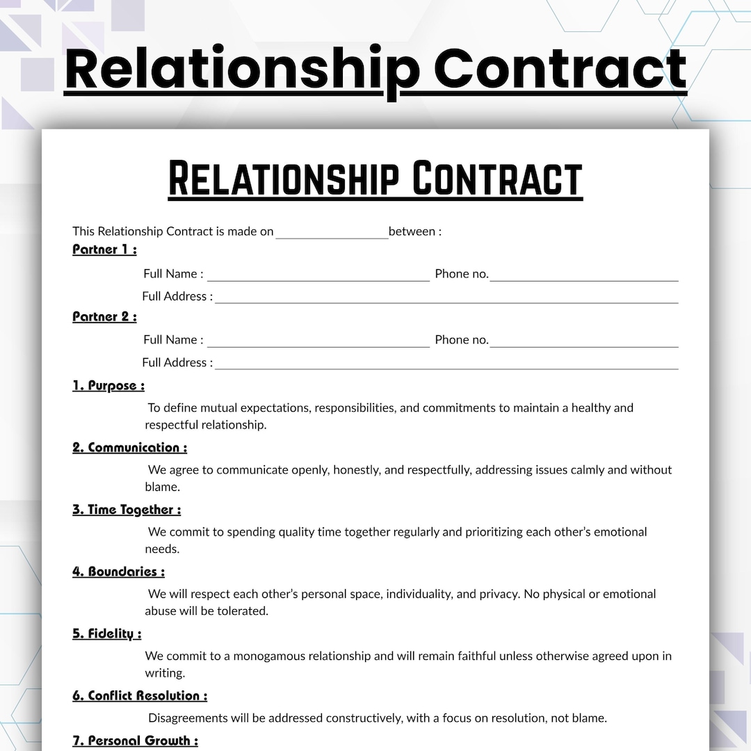 Editable Relationship Contract Template, Single Page Couples Agreement ...