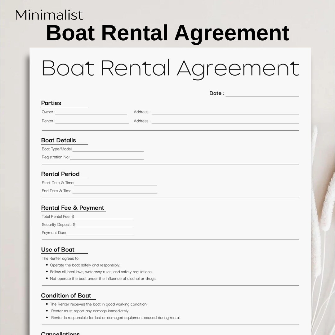 Minimalist Boat Rental Agreement Template, Simple Editable Yacht Rental ...