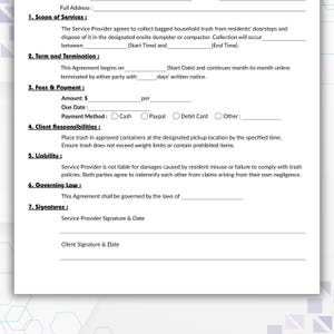 Editable Valet Trash Contract Template, Single Page Waste Removal ...