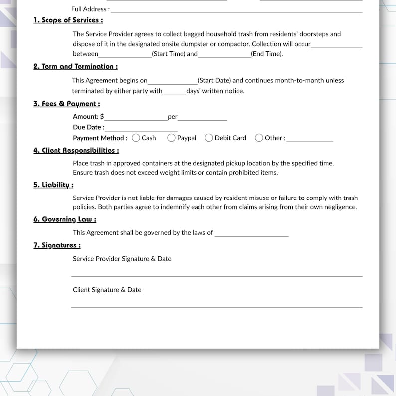 Editable Valet Trash Contract Template, Single Page Waste Removal Services Agreement Form ...