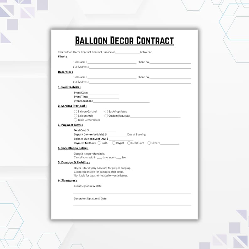 Editable Balloon Decor Contract Template, Single Page Balloon ...
