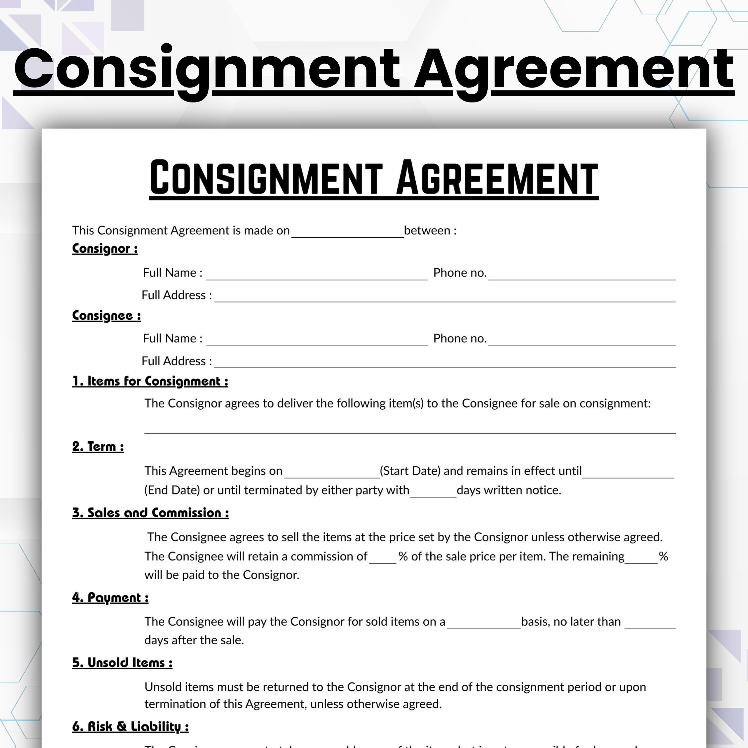 Editable Consignment Agreement Template, Single Page Consignment ...