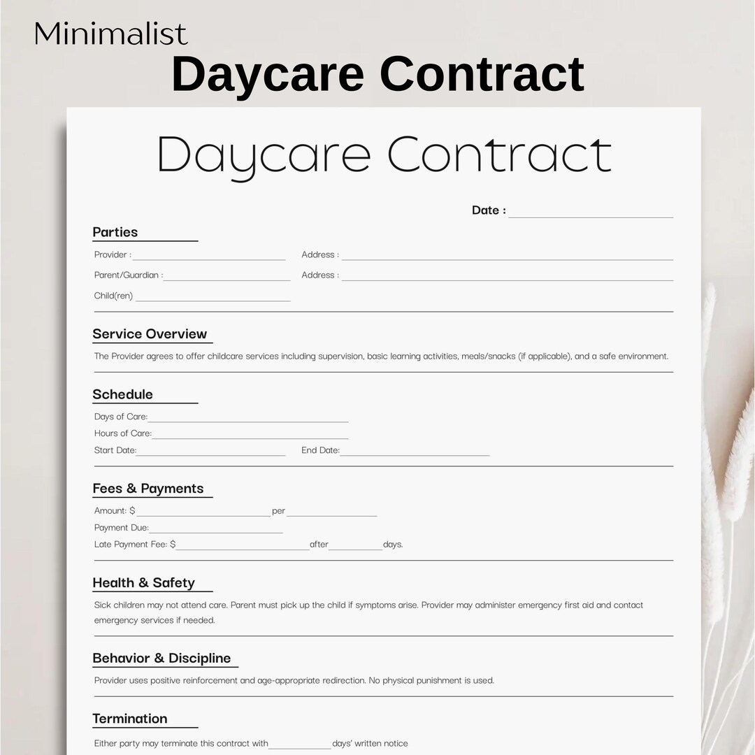 Minimalist Daycare Contract Template, Simple Editable Daycare Agreement ...
