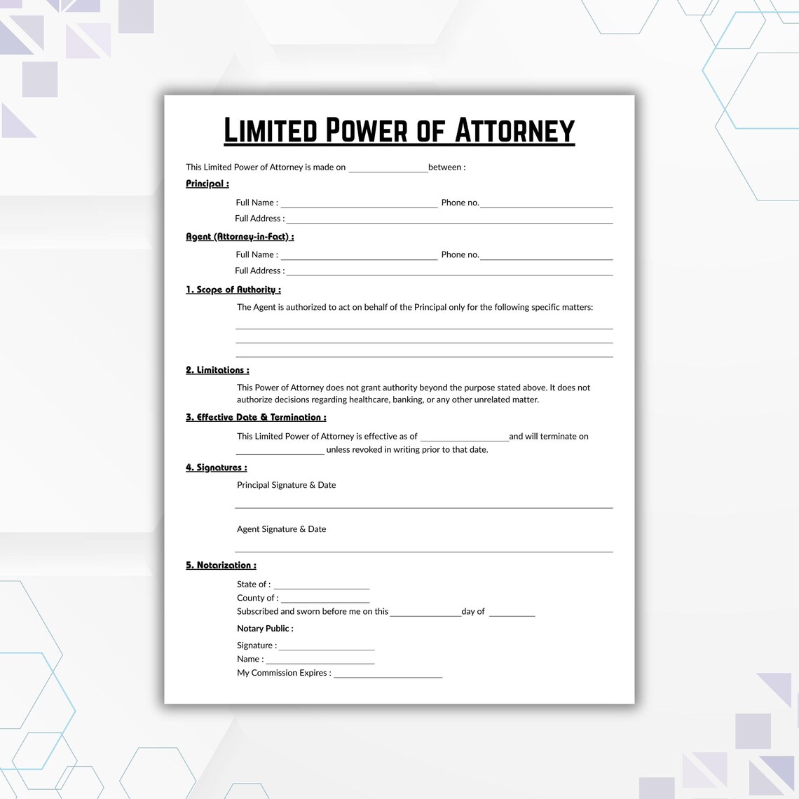 Editable Limited Power of Attorney Template, Single Page Standard POA ...