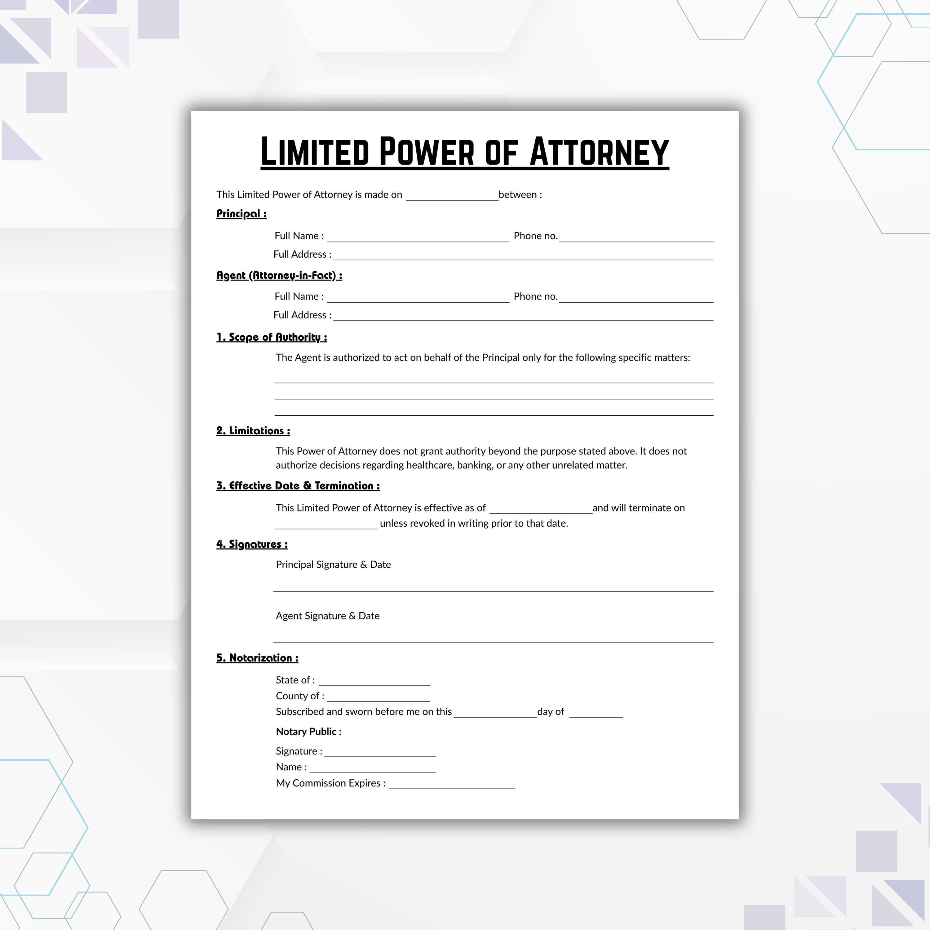 Editable Limited Power of Attorney Template, Single Page Standard POA ...