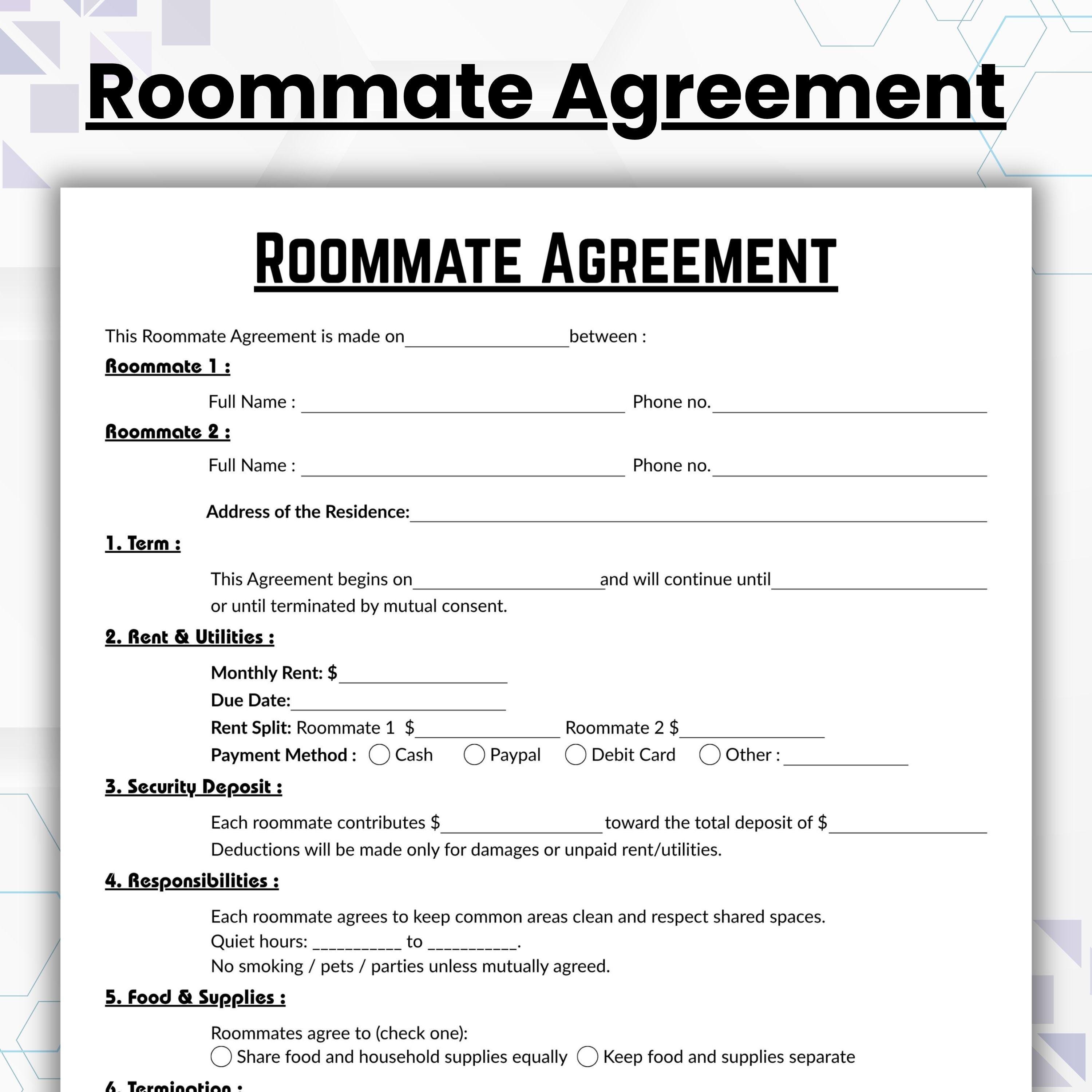 Editable Roommate Agreement, Simple Room Rental Agreement Form Template ...