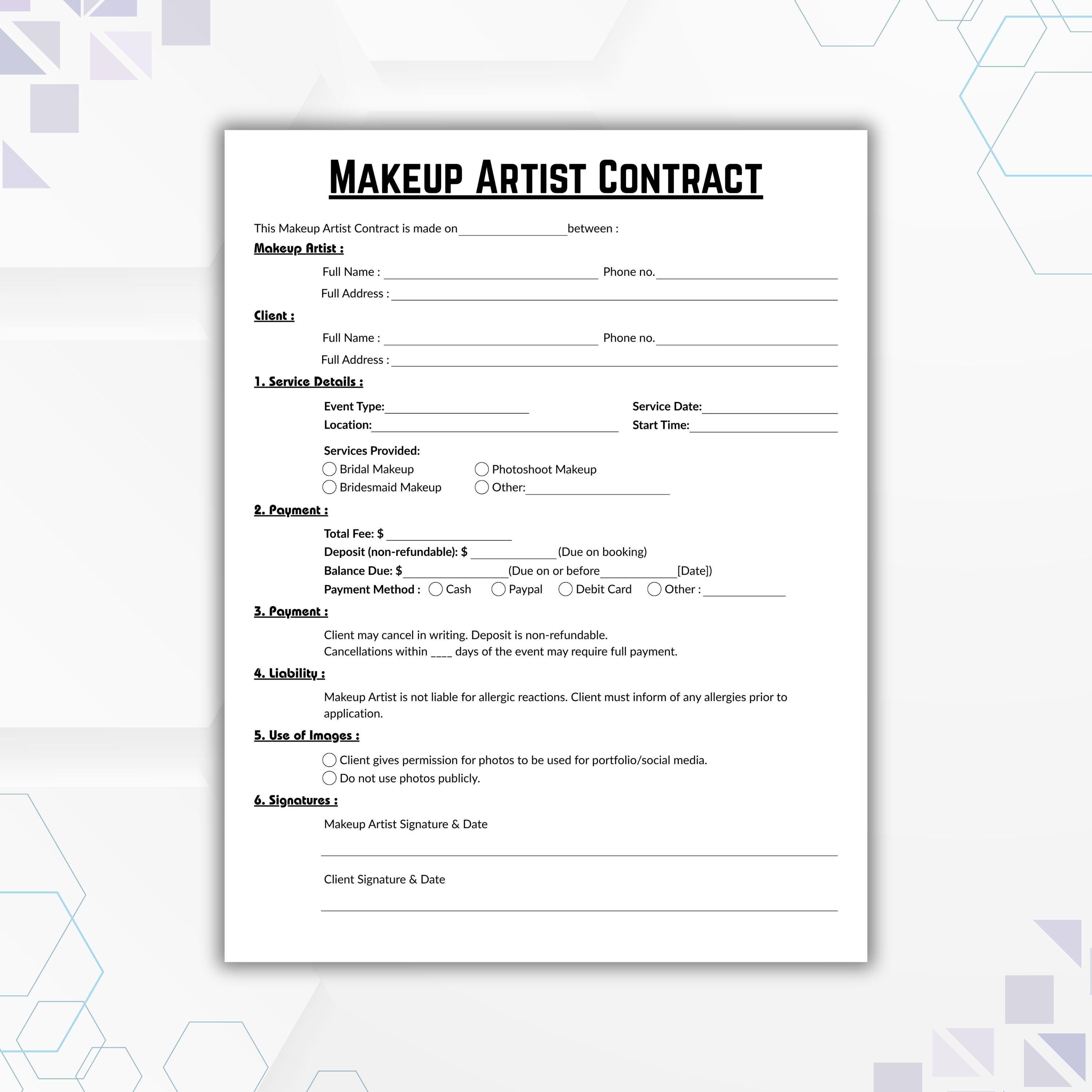 Editable Makeup Artist Contract Template, Single Makeup Agreement Form ...