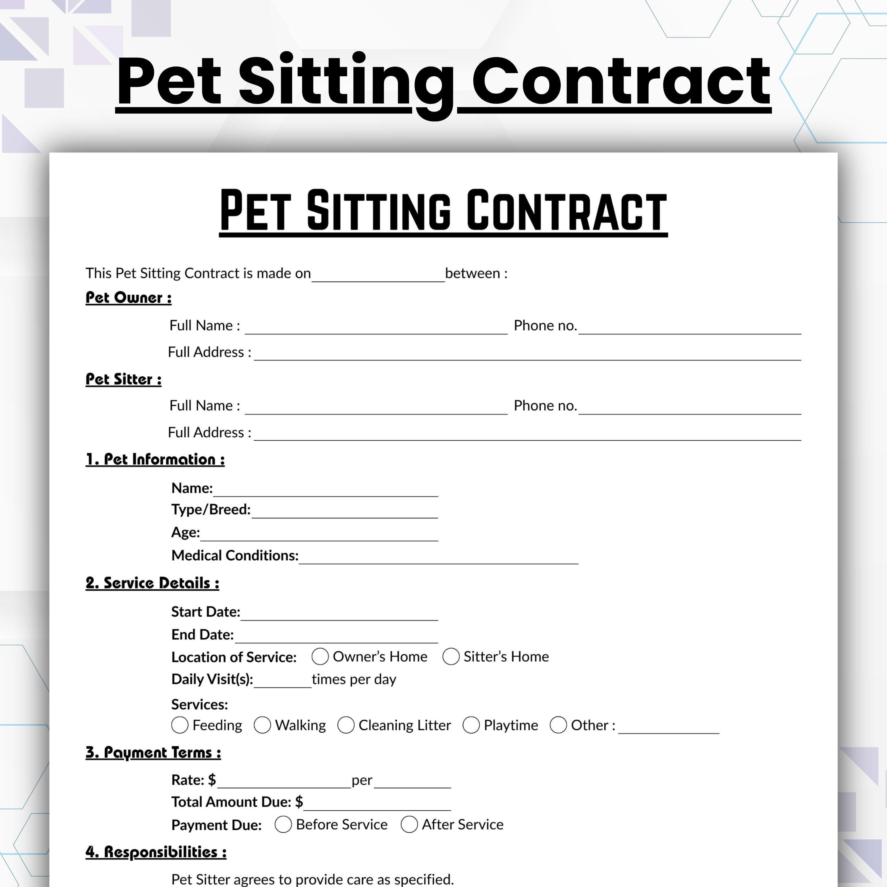 Editable Pet Sitting Contract Template, Single Page Dog Sitting Form ...