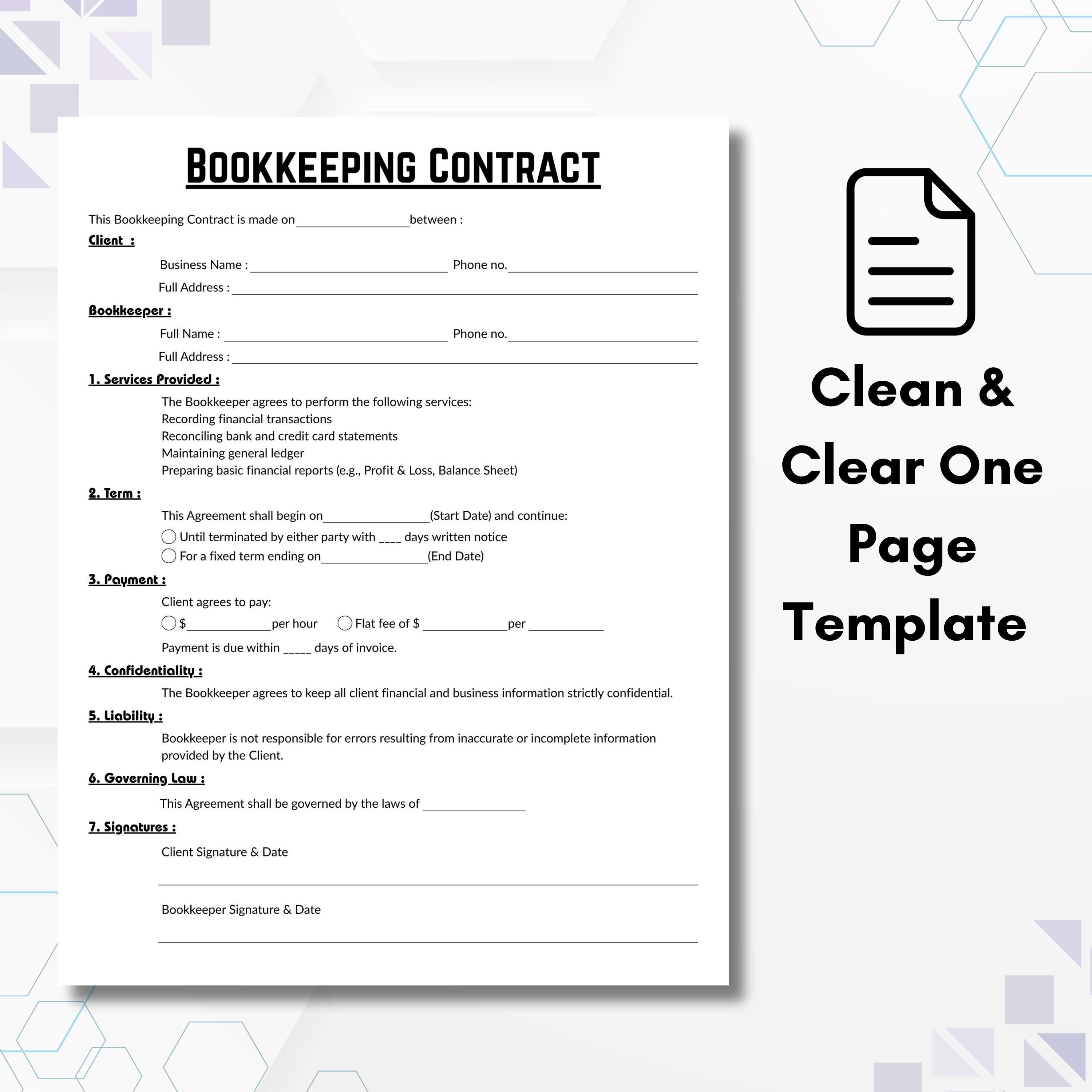 Editable Bookkeeping Contract Template, Single Freelance Bookkeeper ...