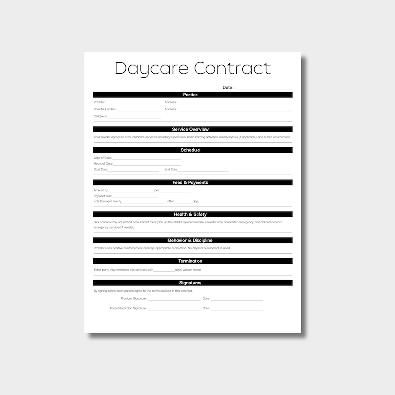 Minimalist Daycare Contract Black, Simple Editable Daycare Agreement ...