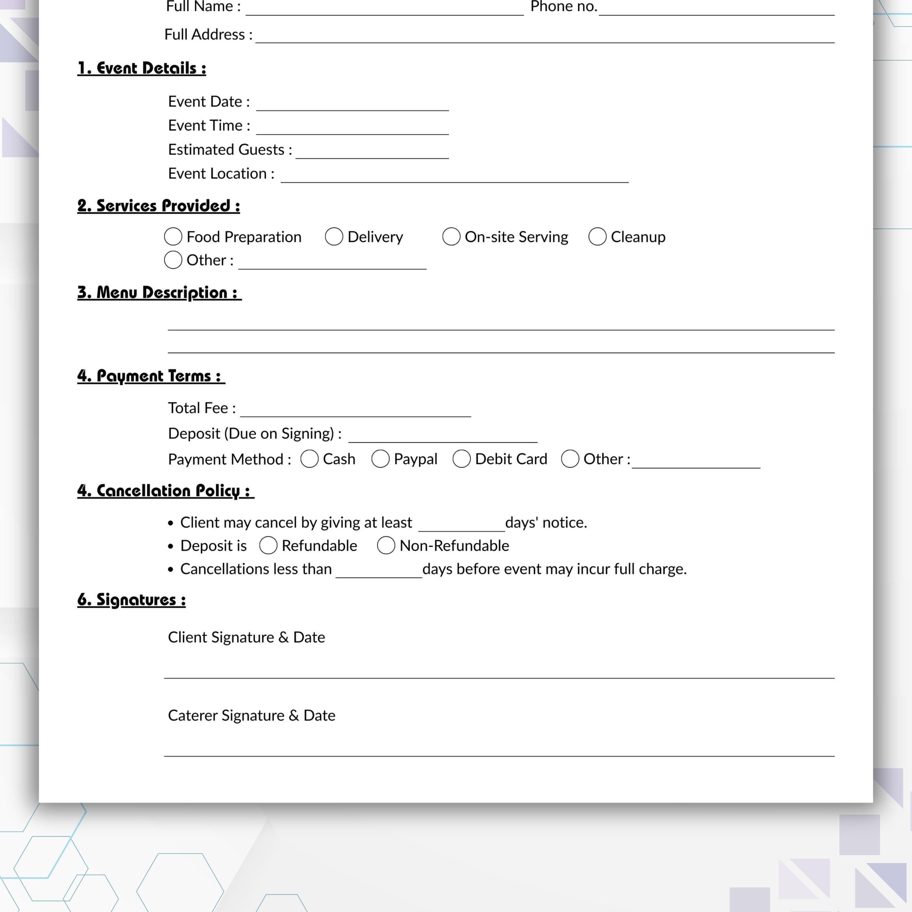 Editable Catering Contract Template, Single Page Catering Service ...