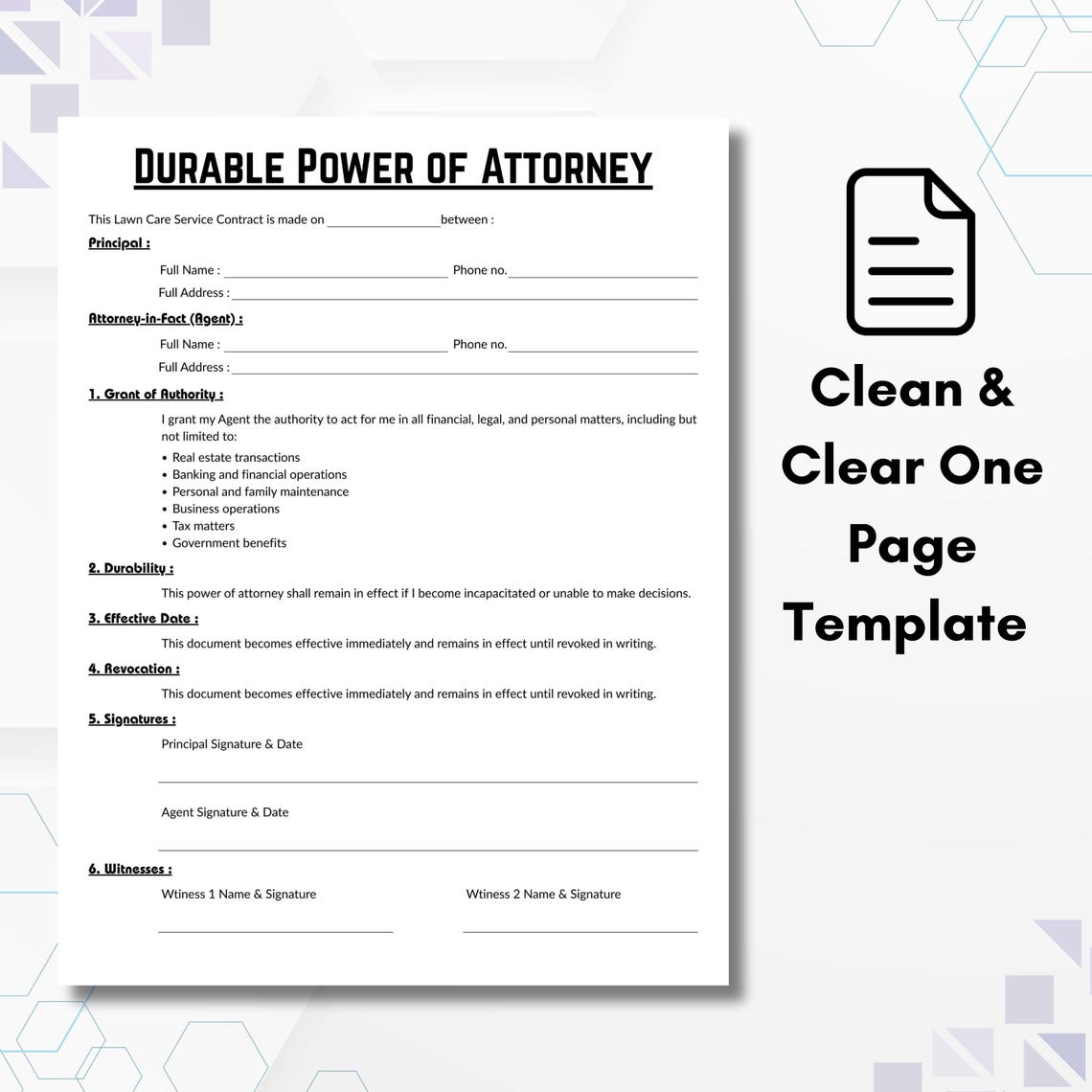 Editable Durable Power of Attorney Template, Single Page Durable ...
