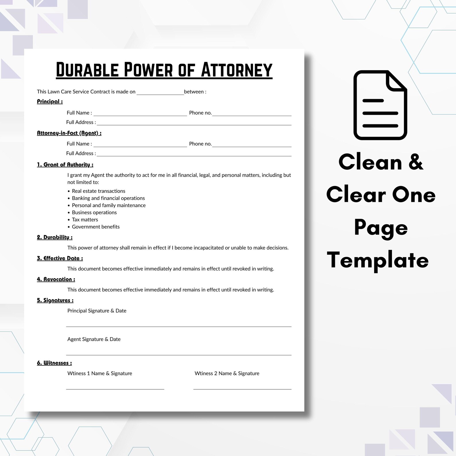 Editable Durable Power of Attorney Template, Single Page Durable ...