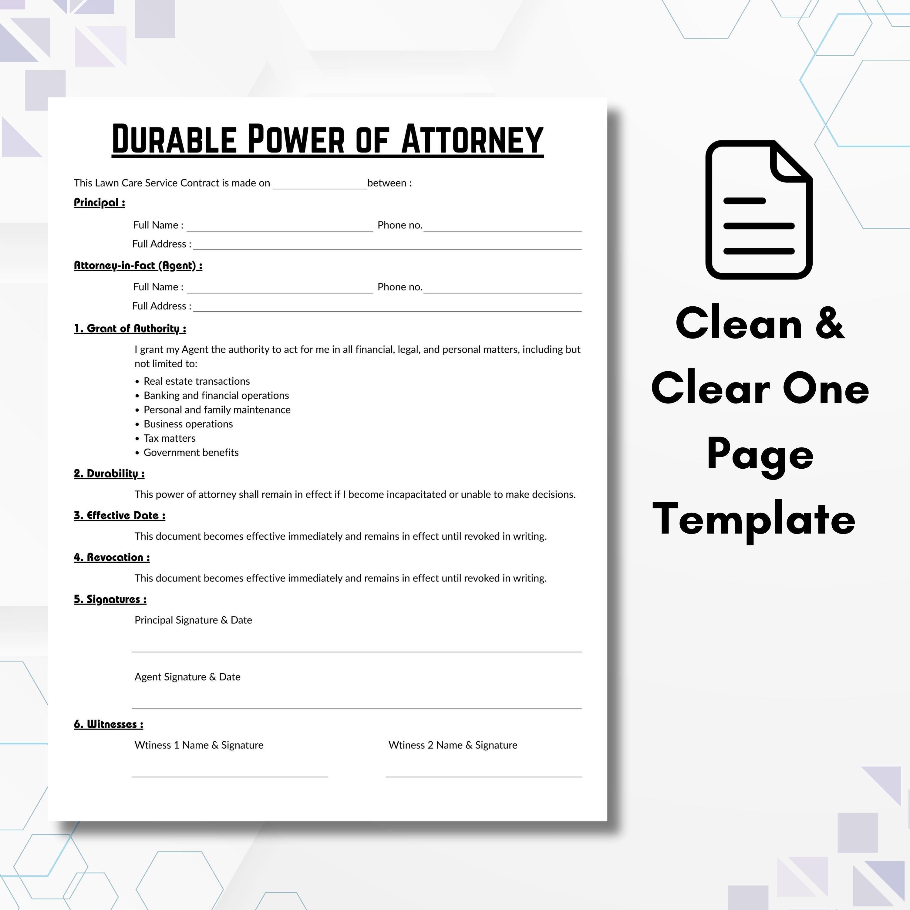 Editable Durable Power of Attorney Template, Single Page Durable ...