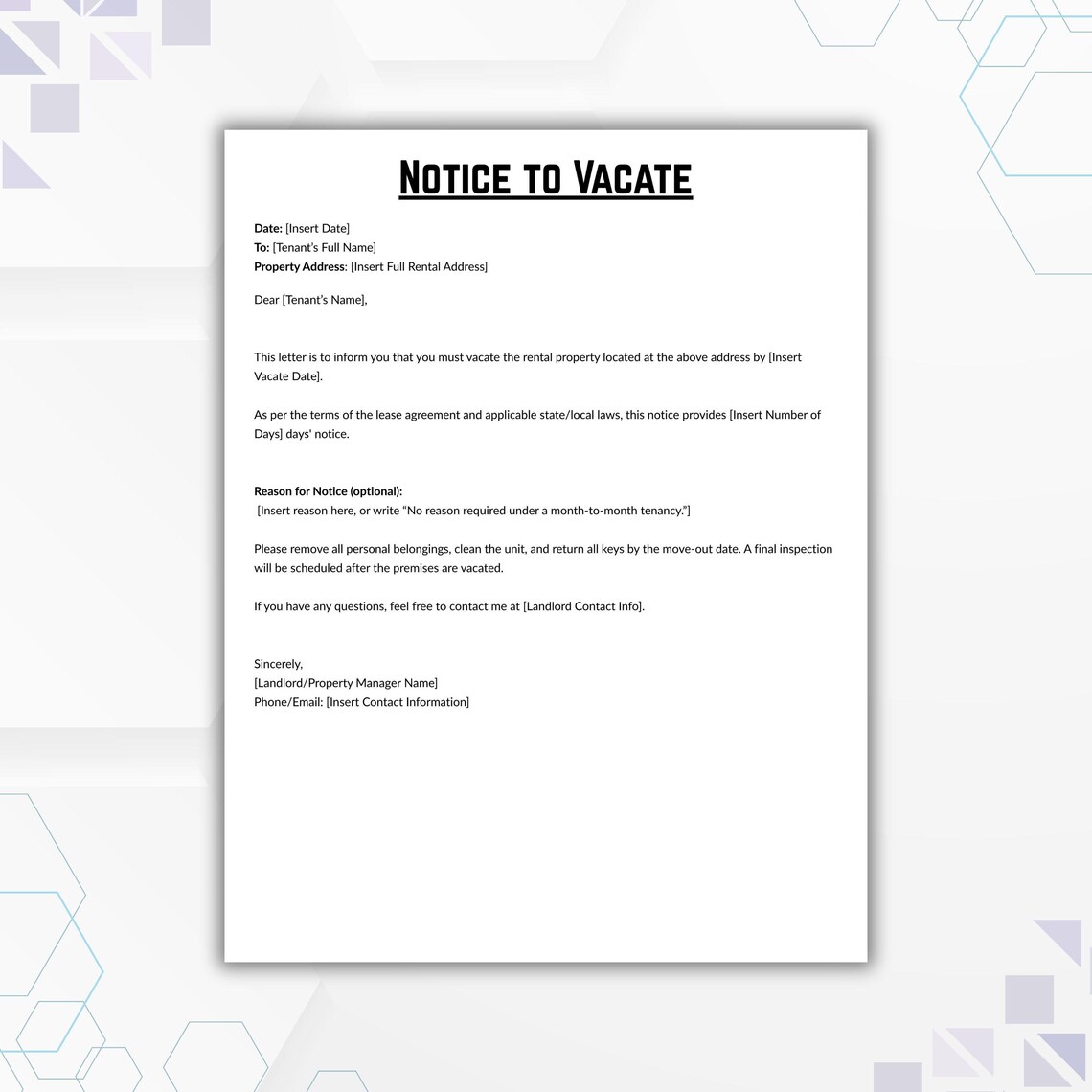 Editable Eviction Notice Template, Single Page Notice to Vacate Template, Printable Lease ...