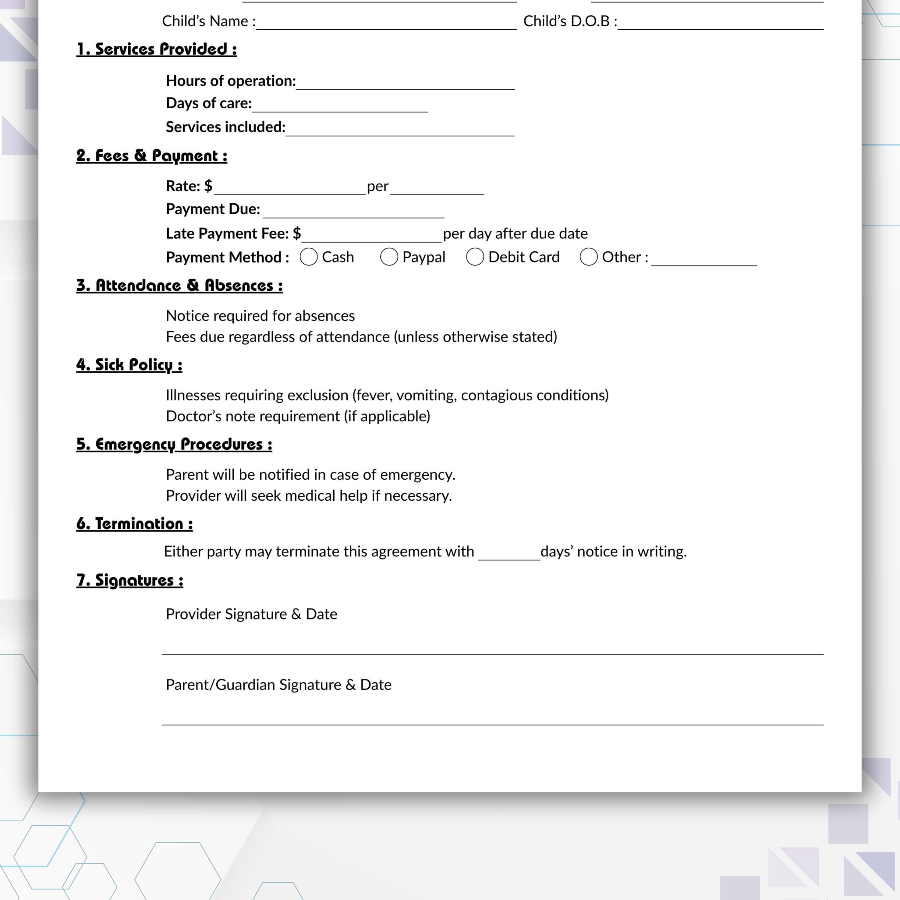 Editable Daycare Contract Template, Single Page Daycare Form, Printable ...