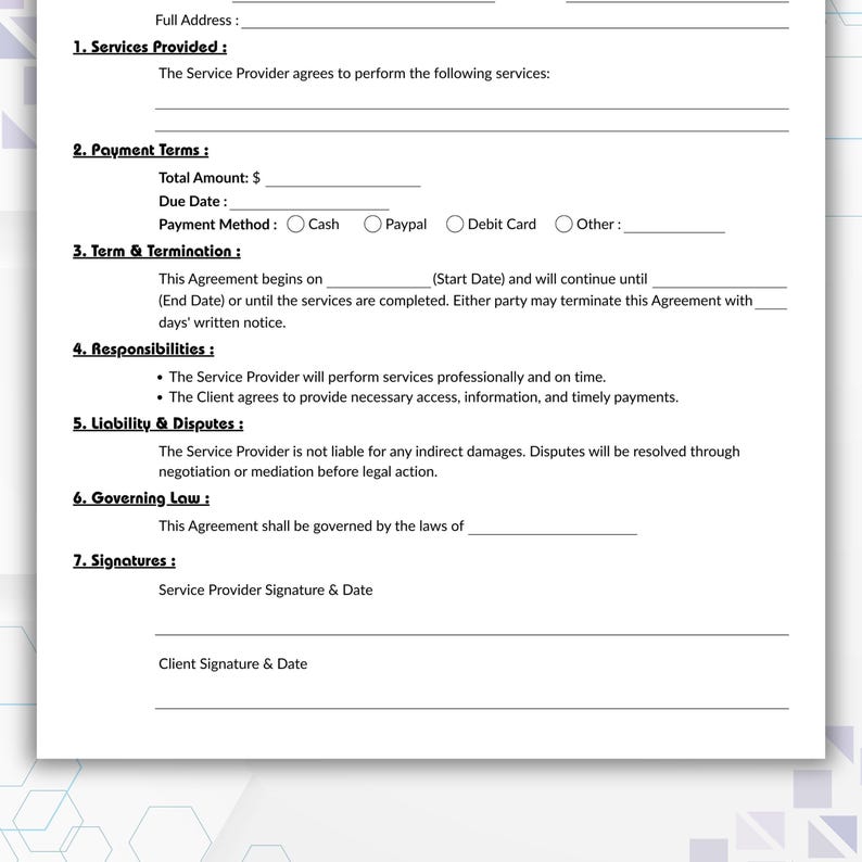 Editable Service Contract Template, Single Page Services Contract ...