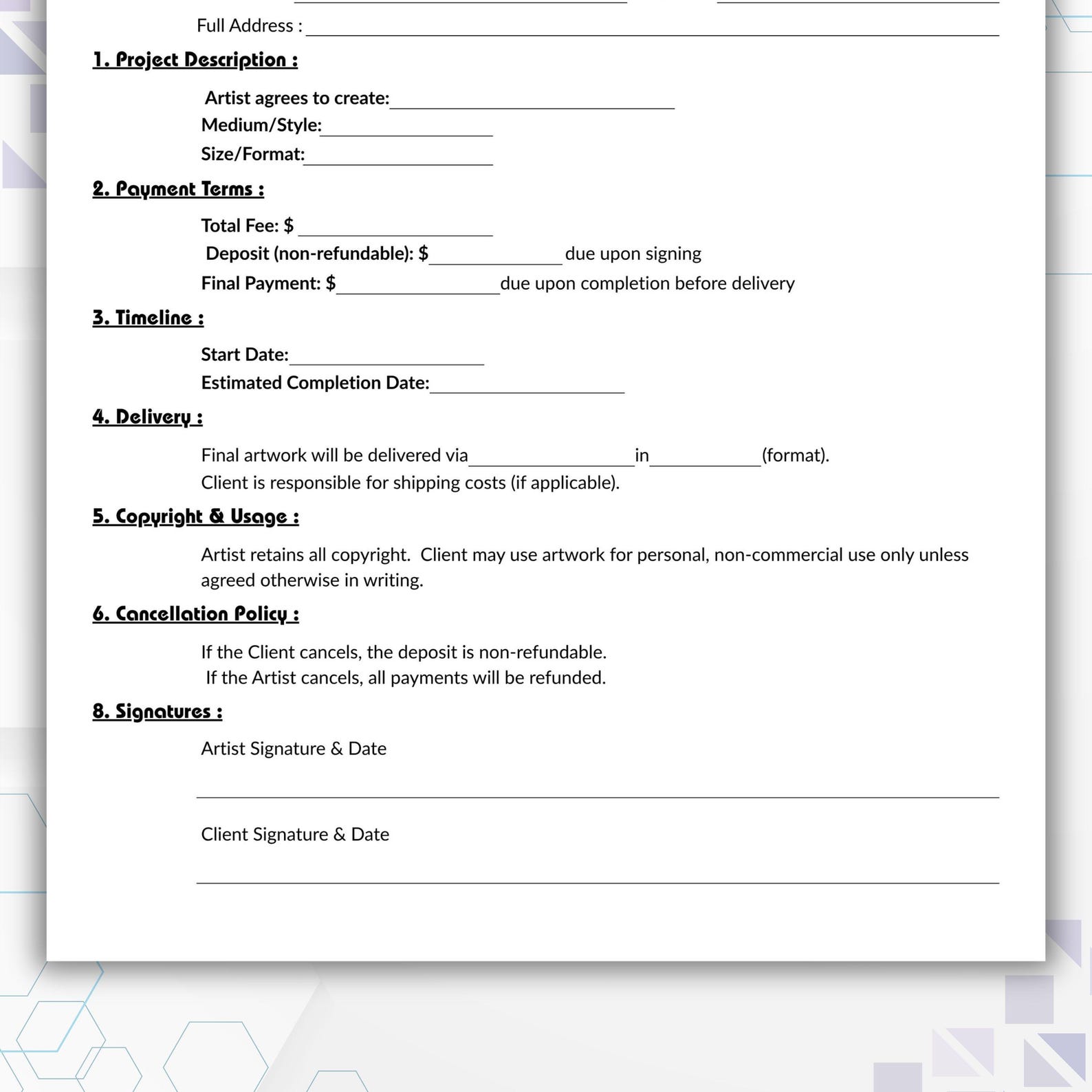 Editable Artist Commission Contract Template, Single Page Artwork ...