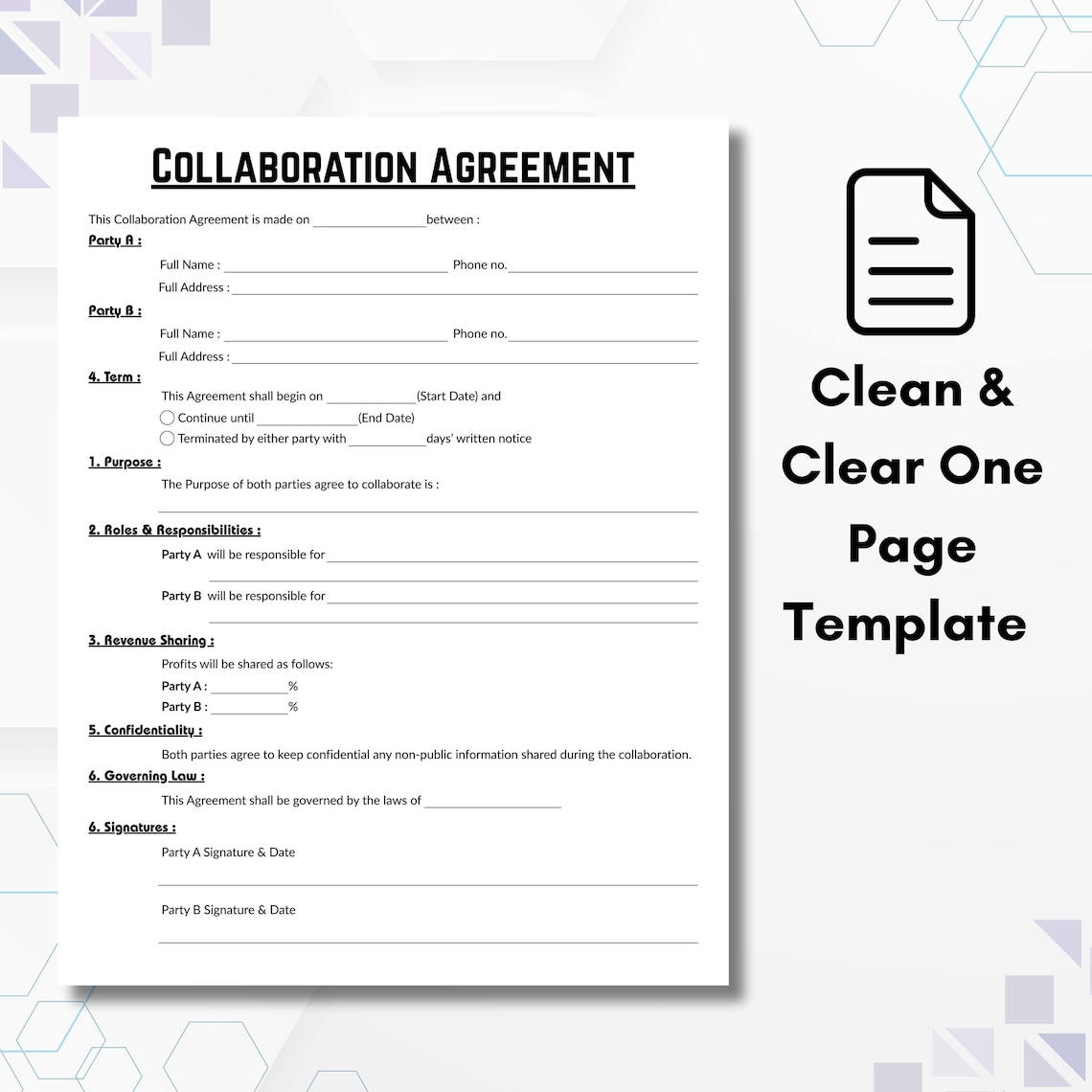 Editable Collaboration Agreement Template, Single Page Business ...