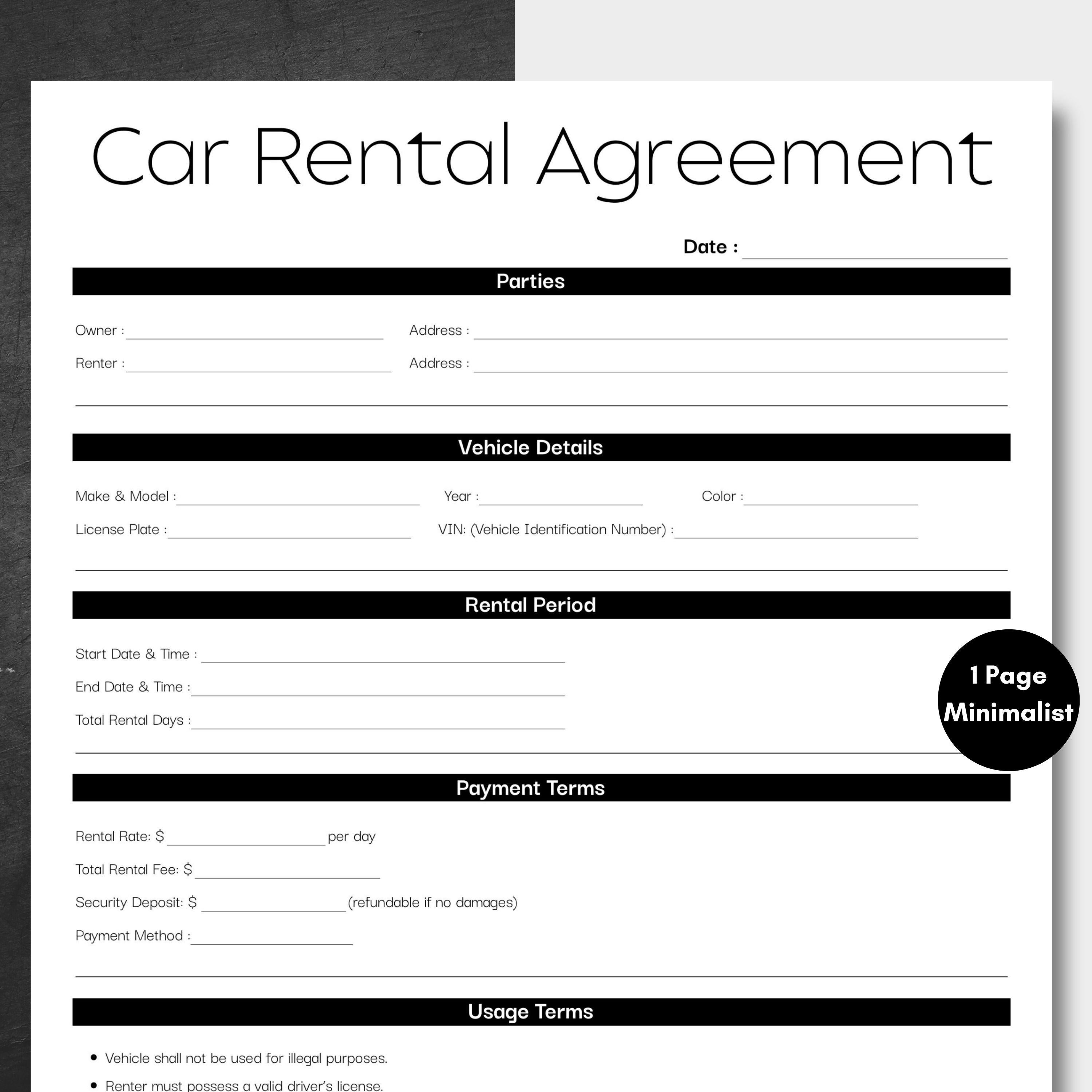 Minimalist Car Rental Contract Black, Simple Car Rental Agreement ...